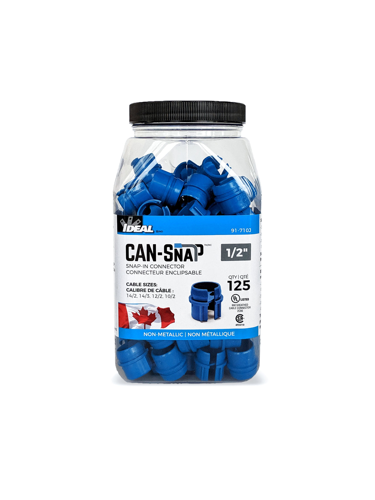 IDEAL Can-Snap Non-Metallic Snap-In Connectors 1/2" Fitting (Jar of 125 ...